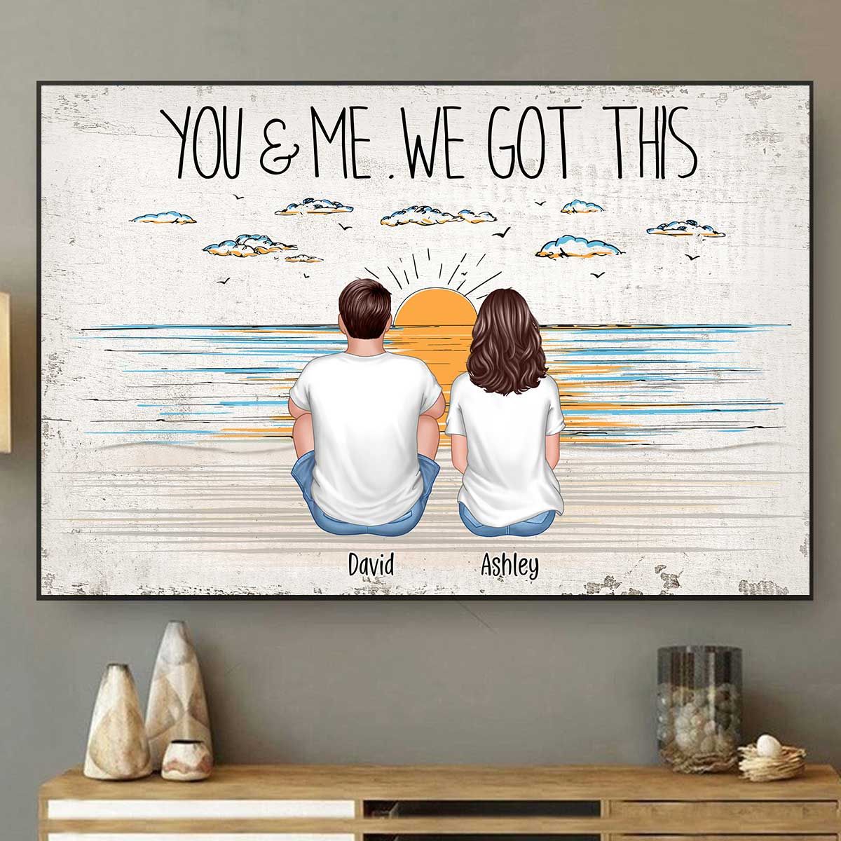 Couple Back View Beach Outline Background Personalized Poster - YeCustom