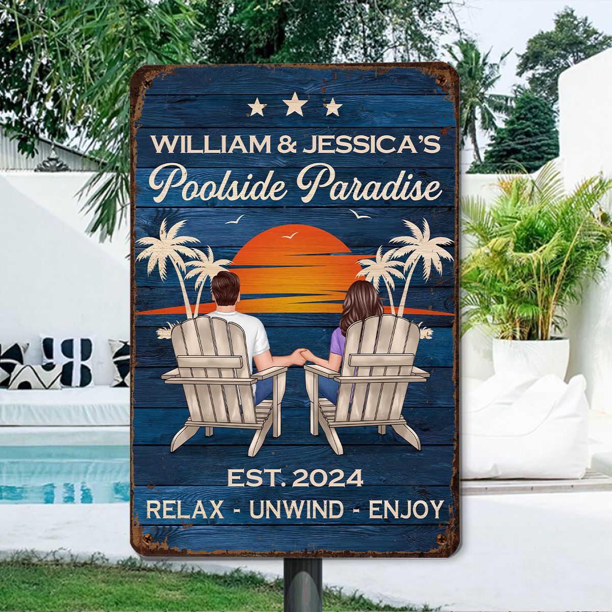 Swimming Pool Zone Decor Couple Sitting Personalized Metal Sign - YeCustom