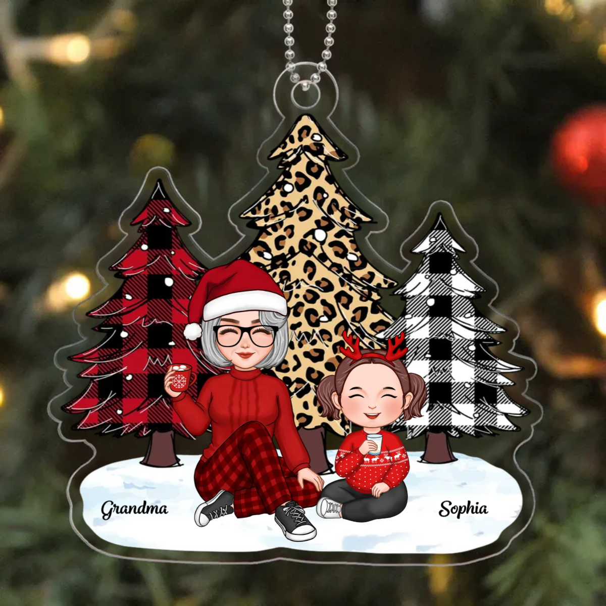 Leopard Checkered Pattern Christmas Tree Grandma & Grandkid Personaliz ...