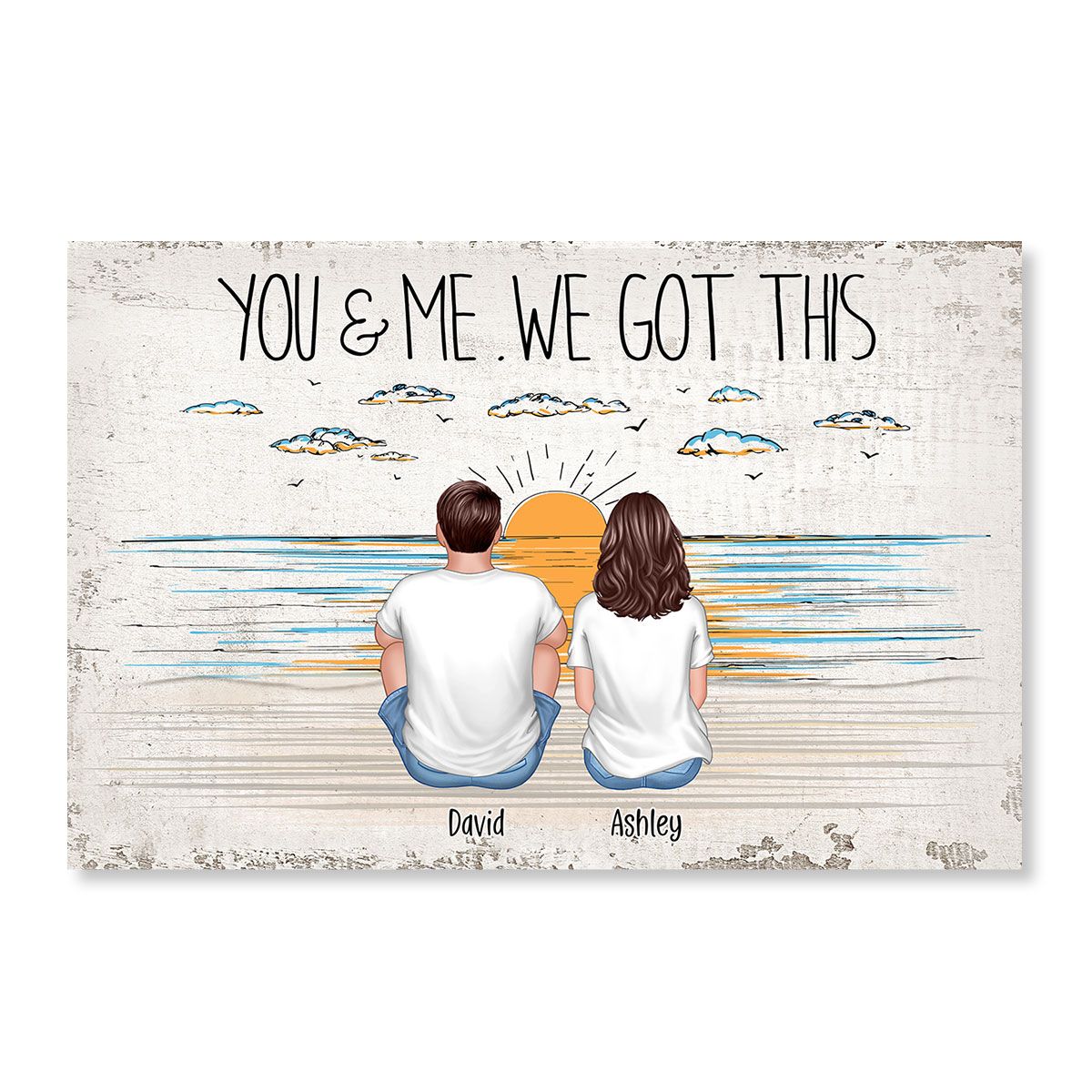 Couple Back View Beach Outline Background Personalized Poster - YeCustom