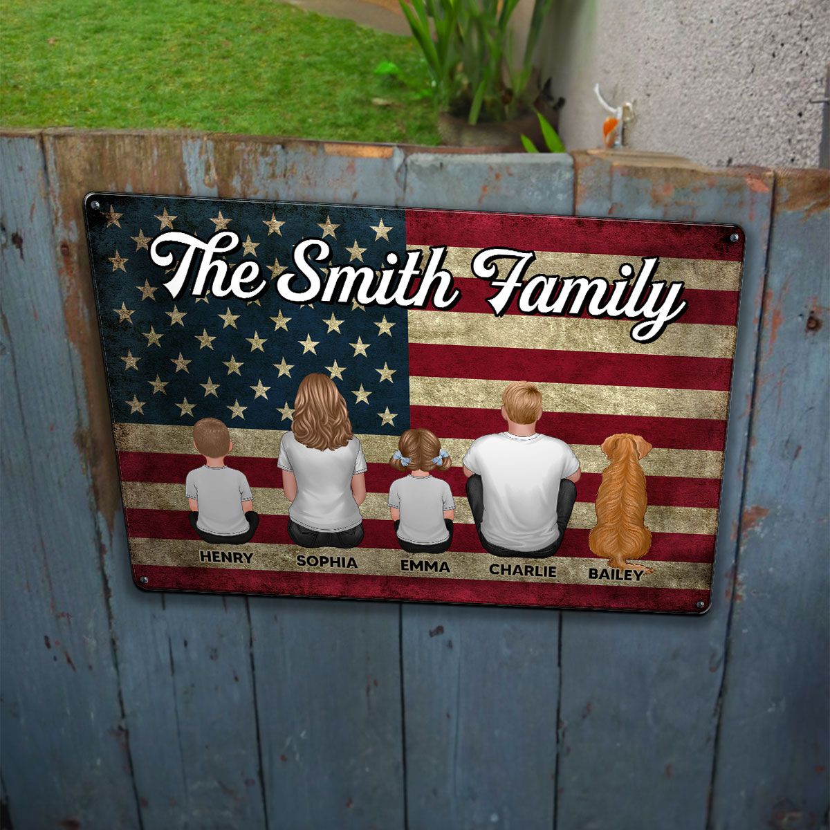 Nation Flag Family Sitting Personalized Metal Sign - YeCustom