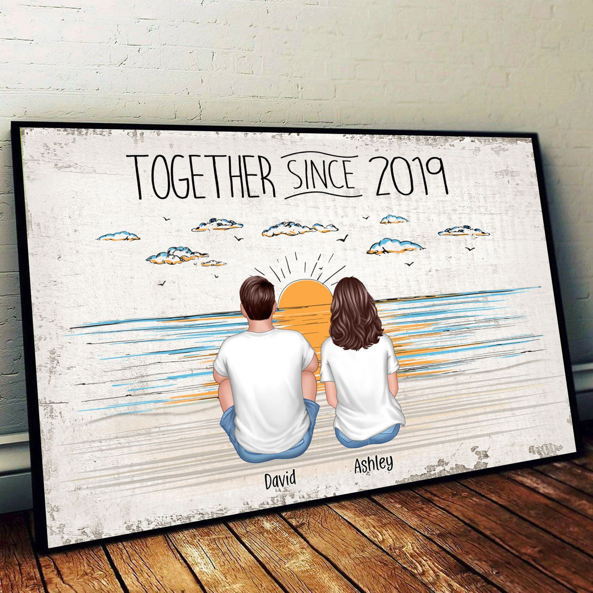 Couple Back View Beach Outline Background Personalized Poster - YeCustom