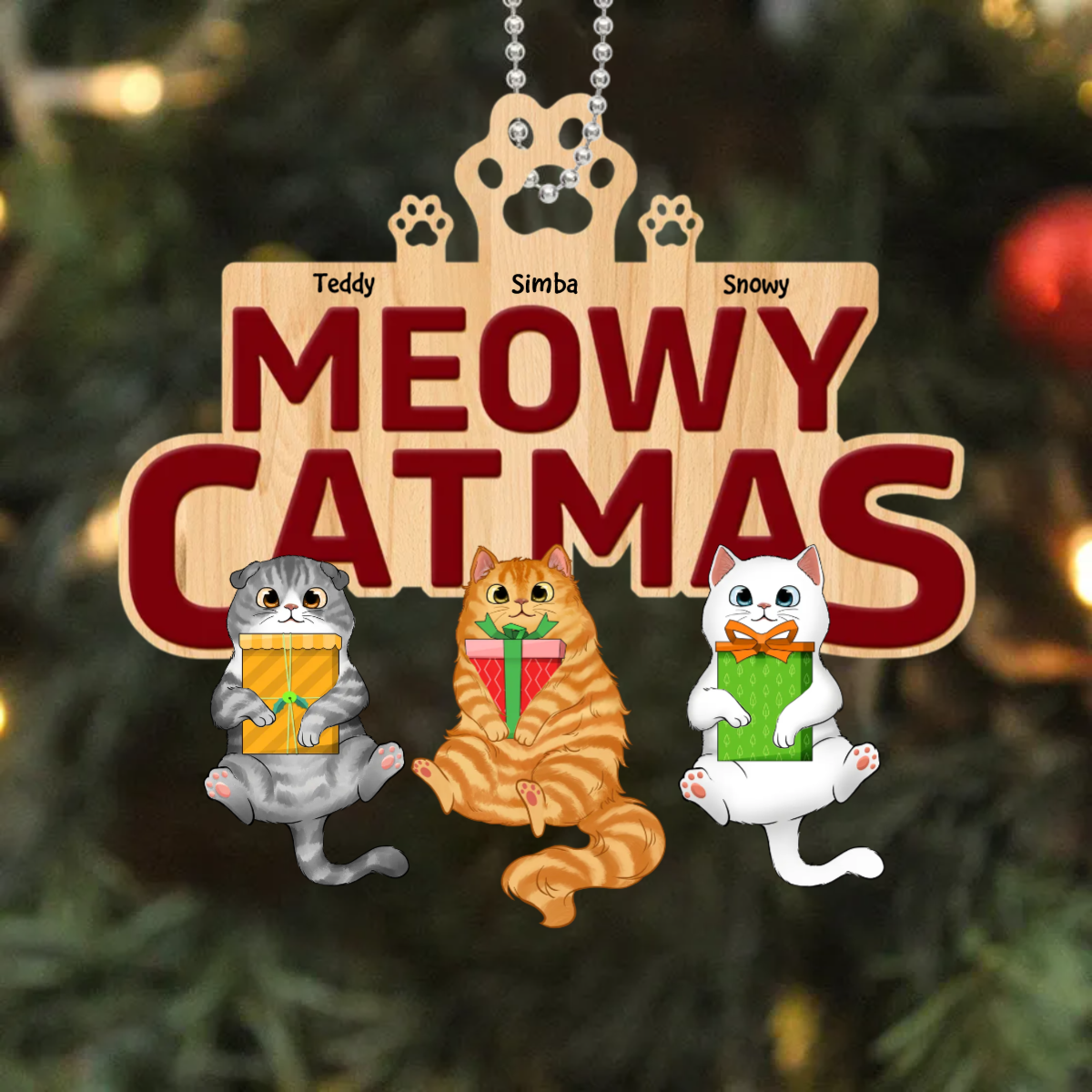 Meowy Catmas Fluffy Cat Personalized Christmas Metal Ornament - YeCustom